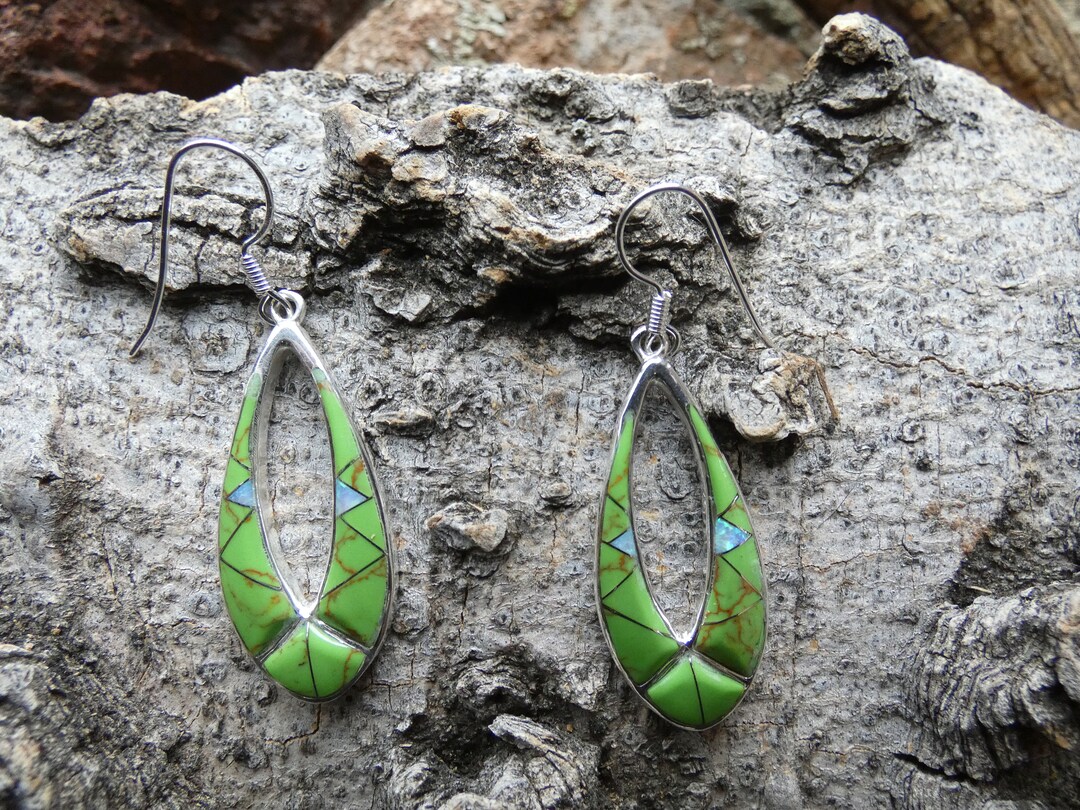 Beautiful Green Gaspeite & Opal Gemstone Inlay Sterling Silver 925 ...