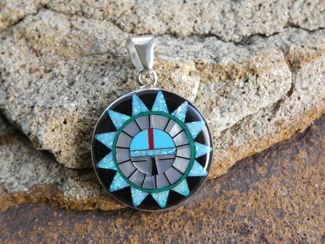 Zuni Sun God Gemstone & Vibrant Blue Fire Opal Handcrafted Micro Inlay ...