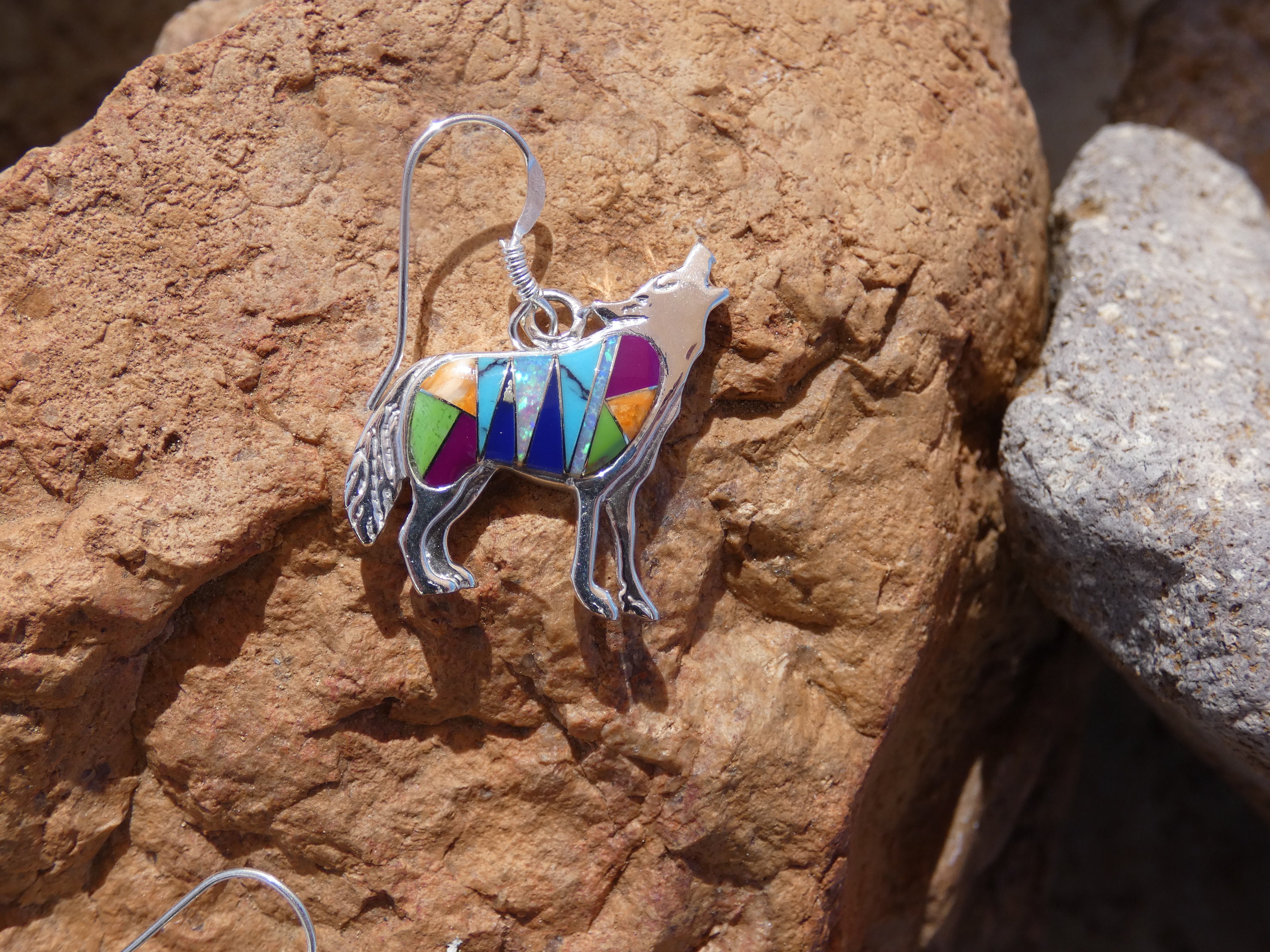 Howling Wolf Dog Coyote Sterling Silver 925 Southwestern Colorful Multi ...