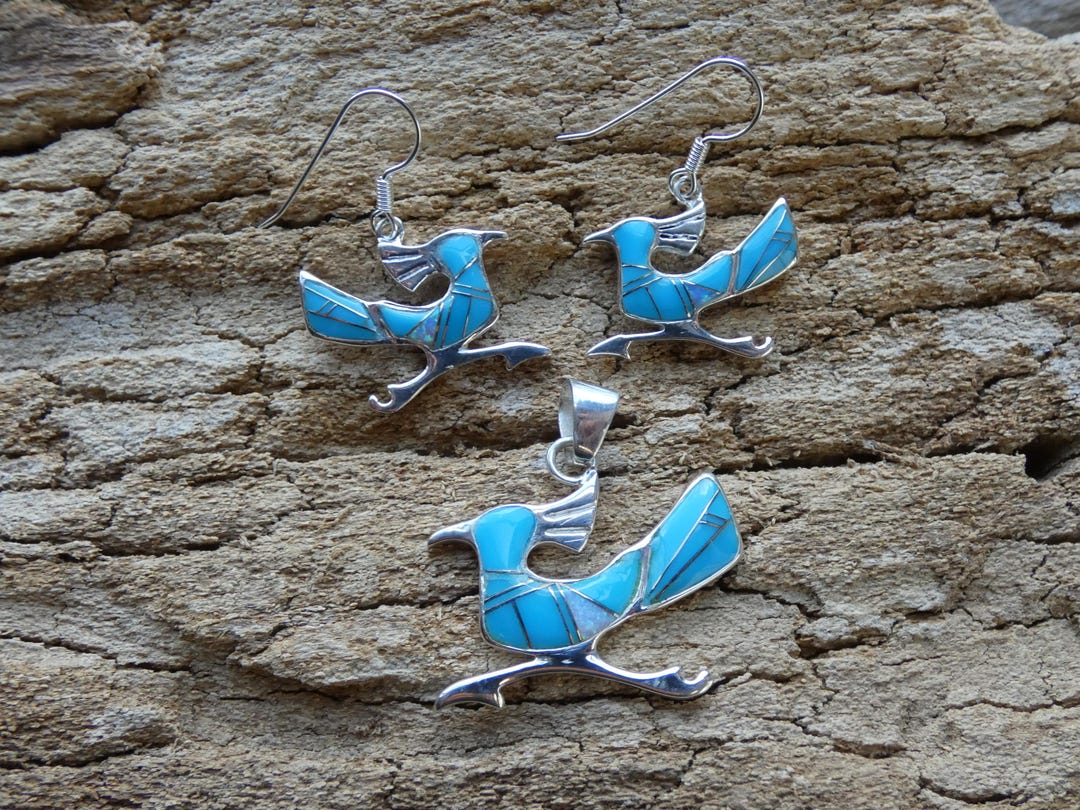 3 Pc Set Southwestern Roadrunner Turquoise and Opal Gemstone ...