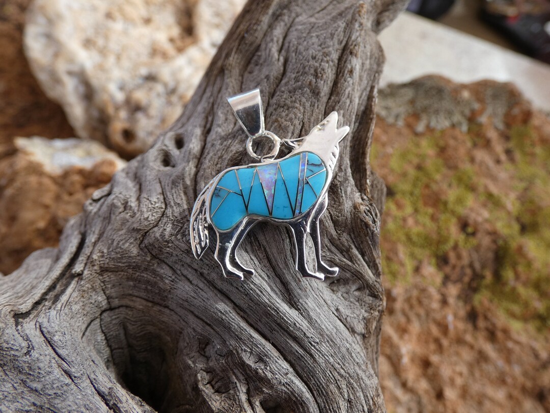 Howling Wolf Dog Coyote Sterling Silver 925 Turquoise Opal Multi ...