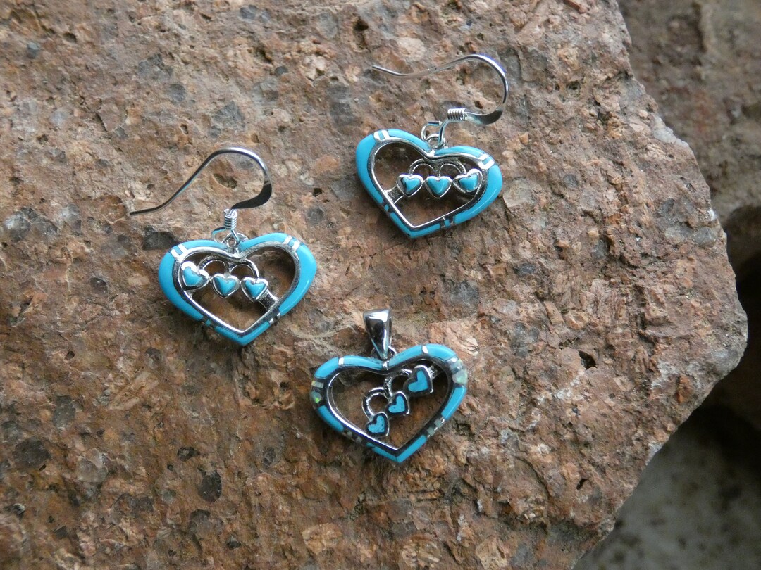 3 Piece Set Turquoise Triple Heart Love Gemstone Handcrafted Sterling Silver 925 Petite Pendant ...