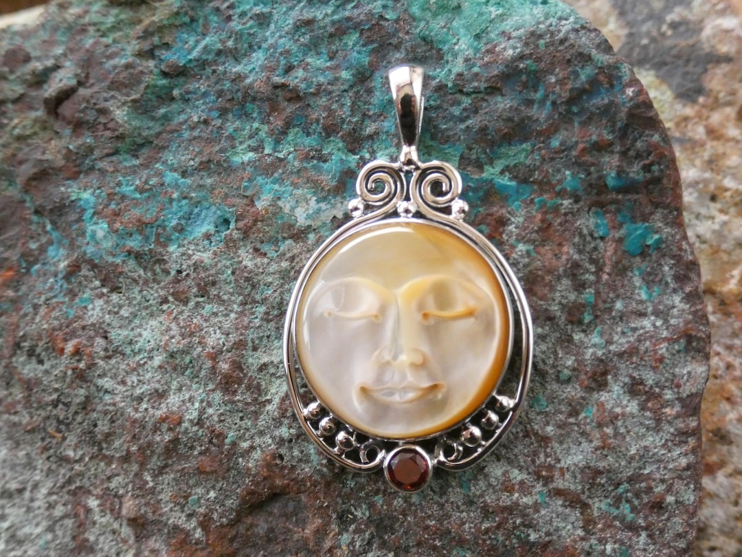 Beautiful Moon Face Full Moon Carved Mother of Pearl Sterling Silver ...