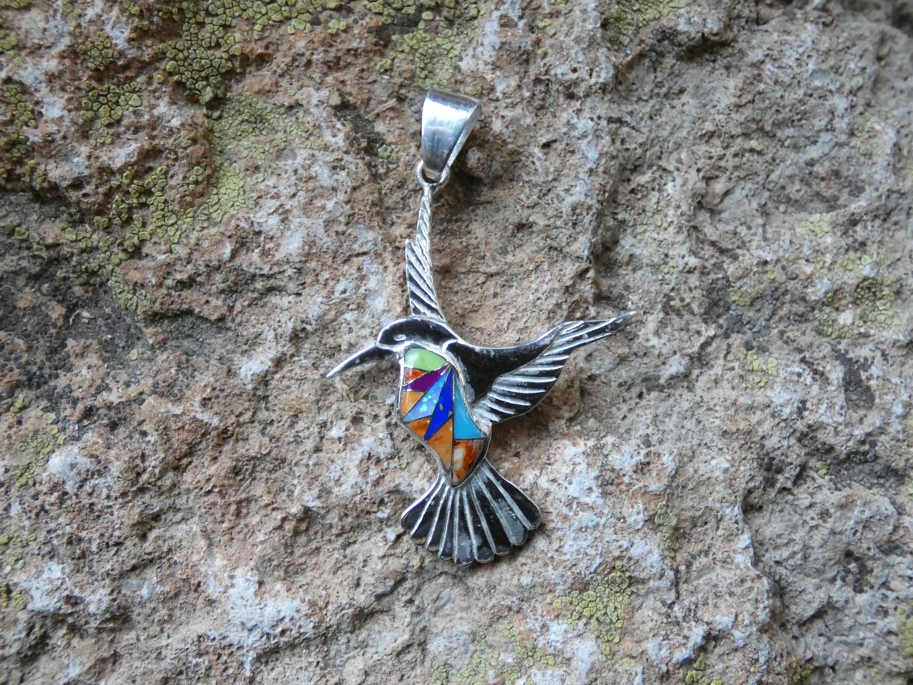 Hummingbird in Flight Multi Color Gemstone & Opal Inlay Sterling Silver ...