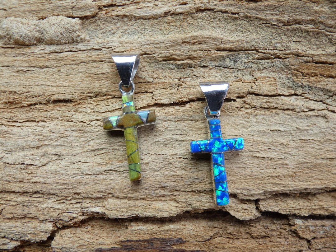 Double Sided Gaspeite & Blue Opal Gemstone Petite Small Cross Pendant ...