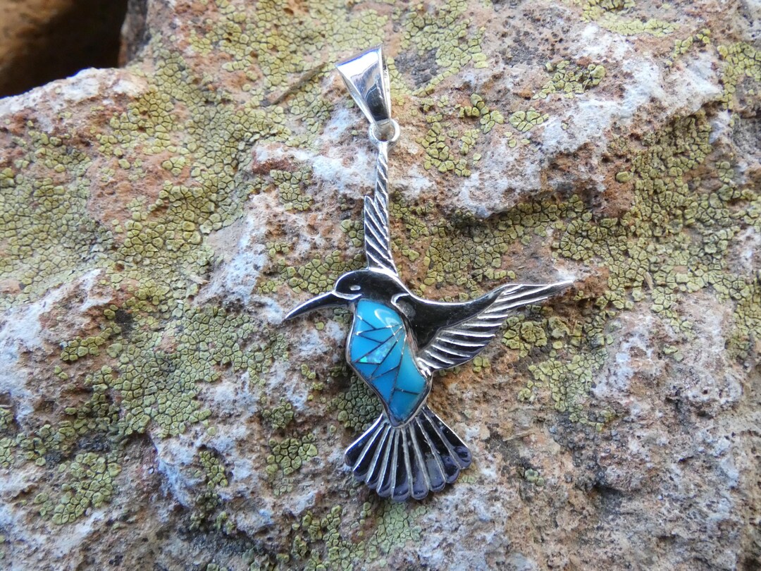 Hummingbird in Flight Blue Turquoise Gemstone & Opal Inlay Sterling ...