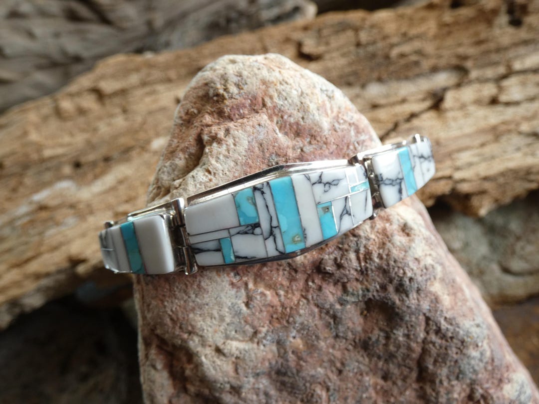 Graduated Blue Turquoise & Buffalo Turquoise Gemstone Mix Hinged 7.50 ...