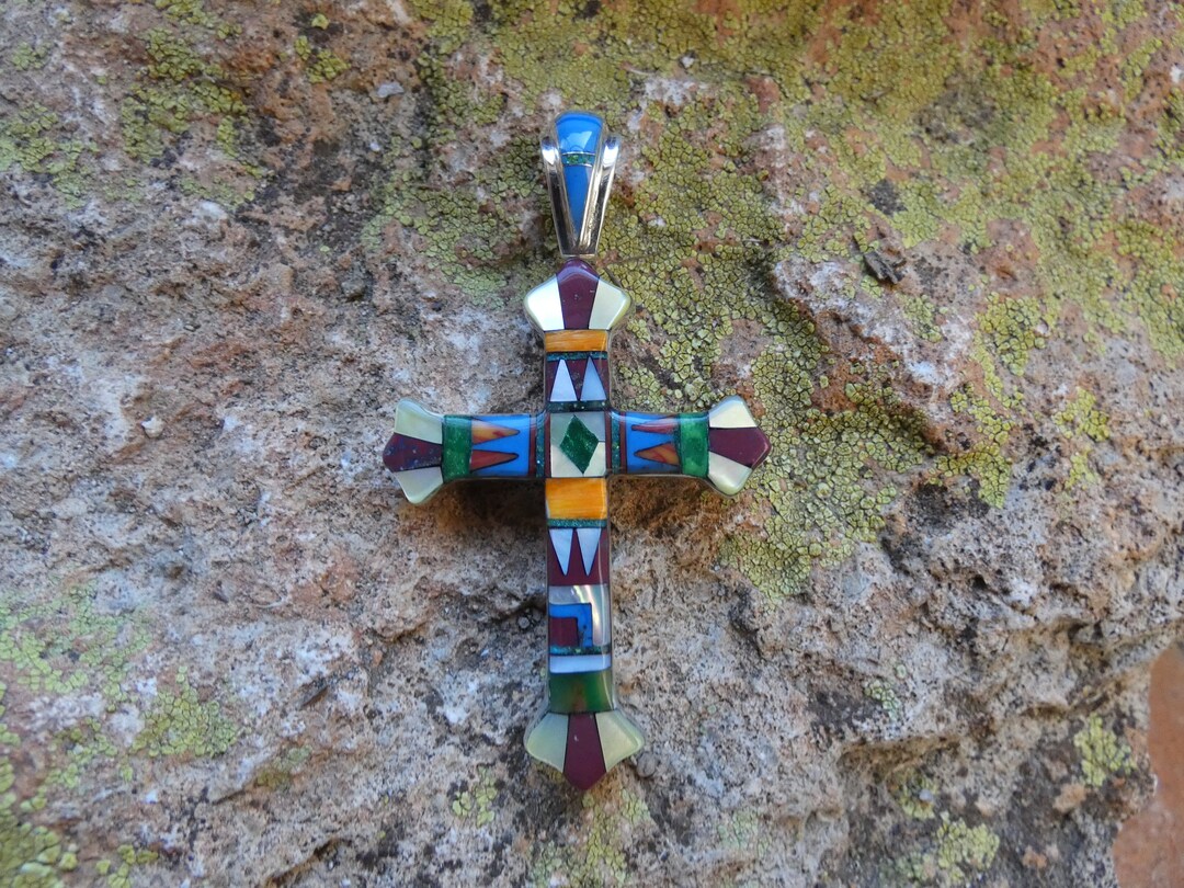 Double Sided Two Looks One Pendant Inlayed Cross Unisex Vibrant Multi ...