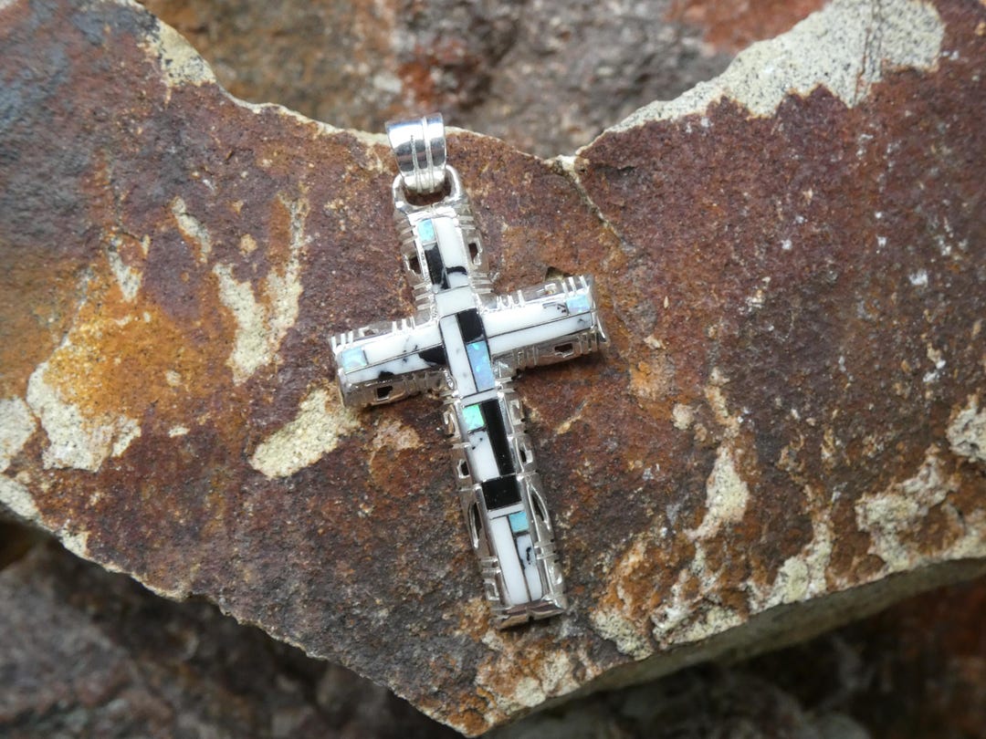 Cross Black White Buffalo Turquoise Gemstone Blue Opal Handcrafted ...