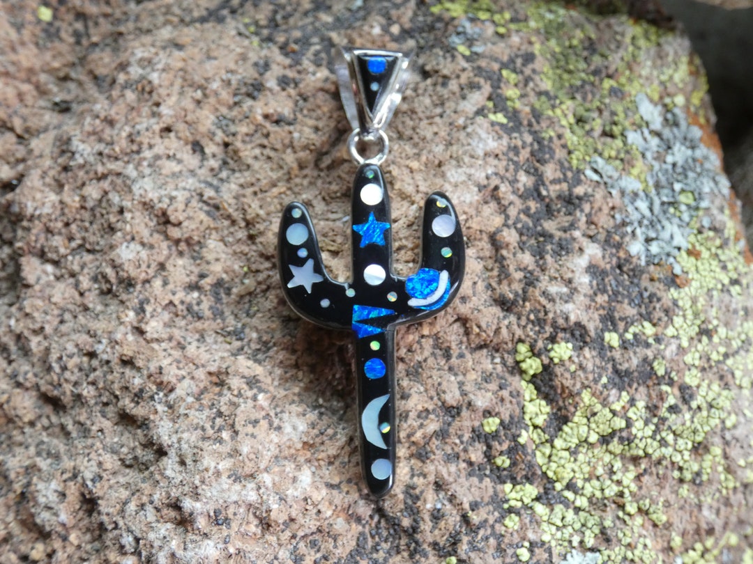 Saguaro Cactus Galaxy Night Sky Moon Stars Micro Inlay Multi Gemstone ...