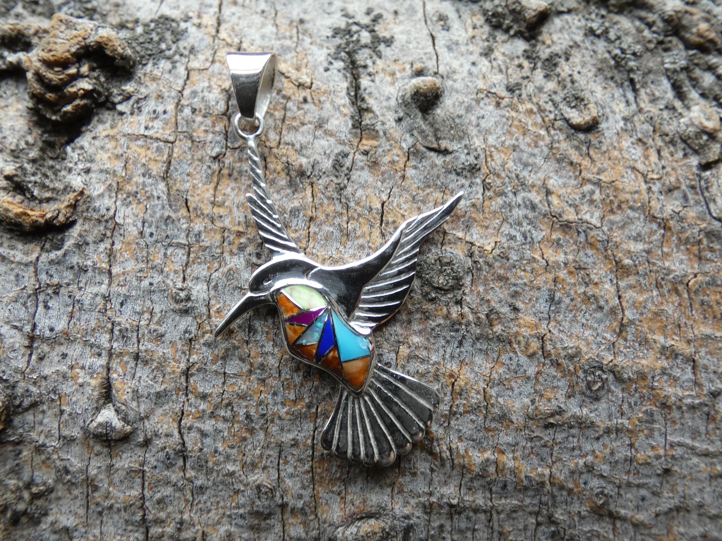 Hummingbird in Flight Multi Color Gemstone & Opal Inlay Sterling Silver ...