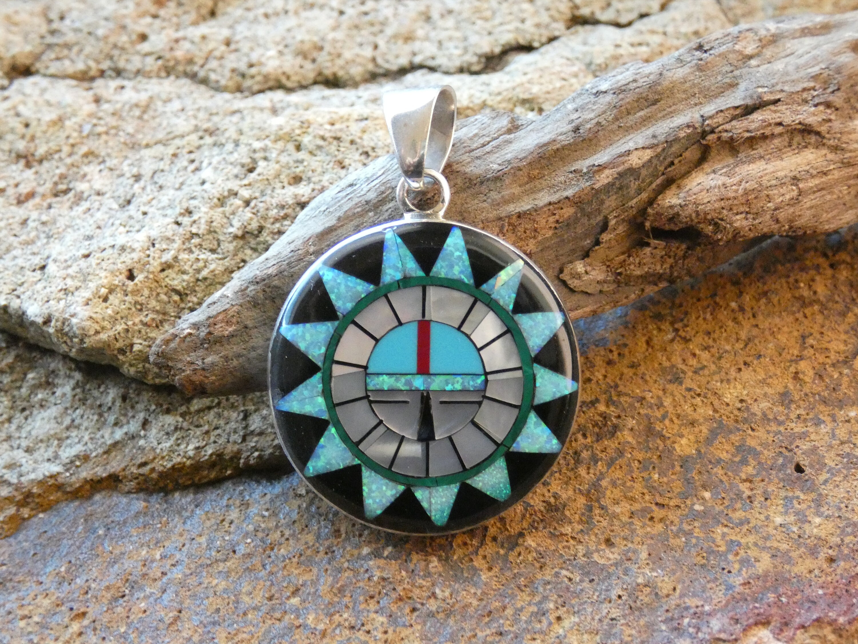 Zuni Sun God Gemstone & Vibrant Blue Fire Opal Handcrafted Micro Inlay ...