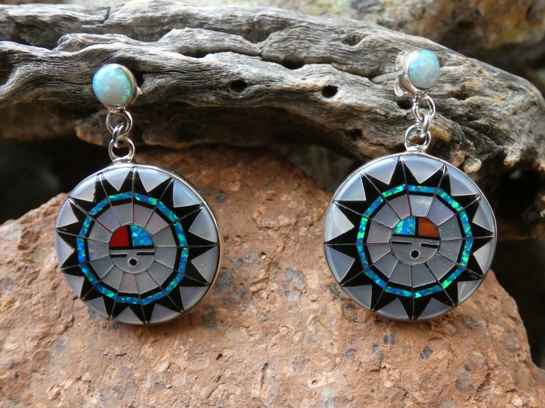 Stunning Fire Opal Mother of Pearl Zuni Sun God Multi Gemstone Micro ...
