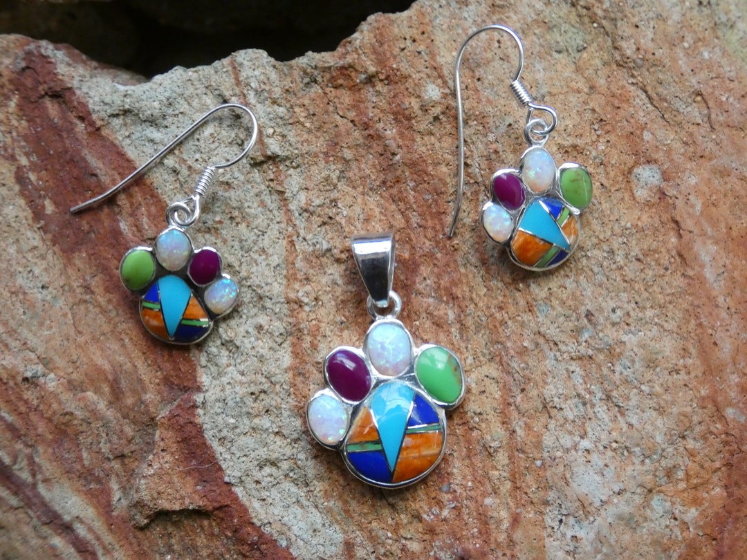 3 PC Set Dog Cat Paw Multi Colorful Gemstone & Opal Inlay Earrings and ...