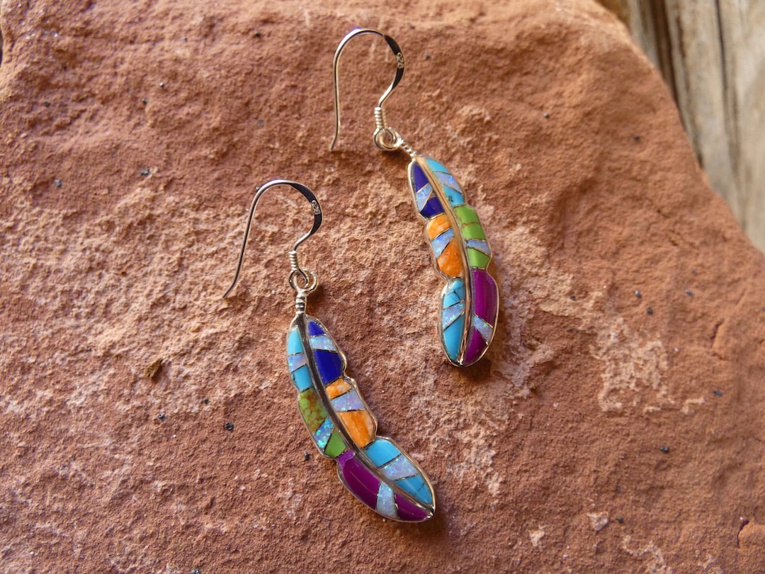 Multi Colored Vibrant Gemstones and Opal Handcrafted Feather Earrings ...