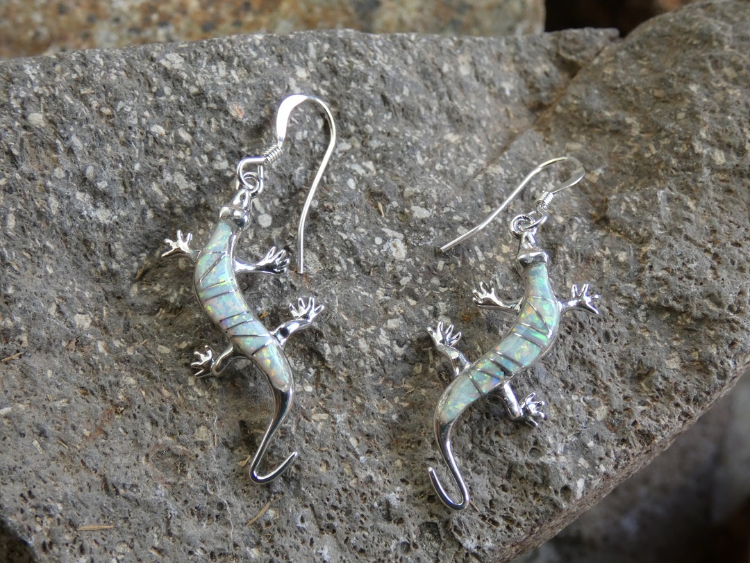 Cute Lizard Gecko White Opal Earrings Sterling Silver 925 French Wire ...