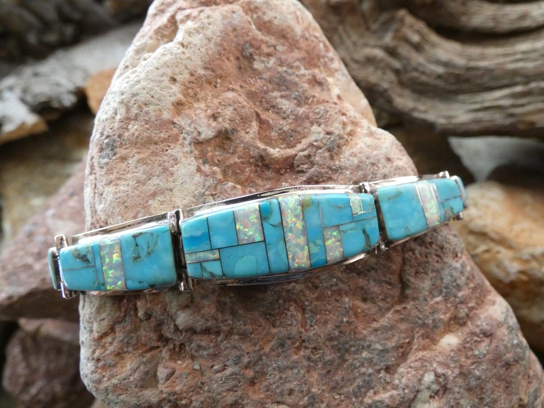 Beautiful Graduated Blue Turquoise & Opal Multi Gemstone Hinged 7.50 ...