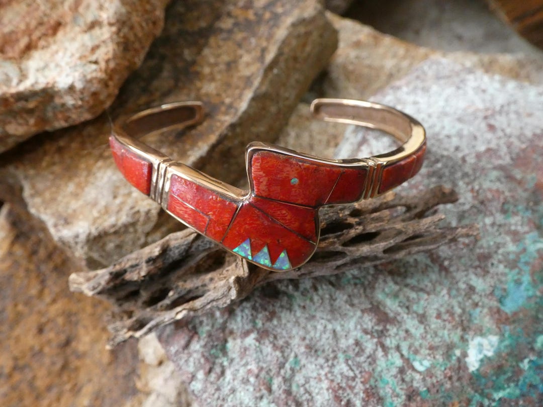 Southwestern Rich Coral Gemstone Opal Inlay BRONZE 7