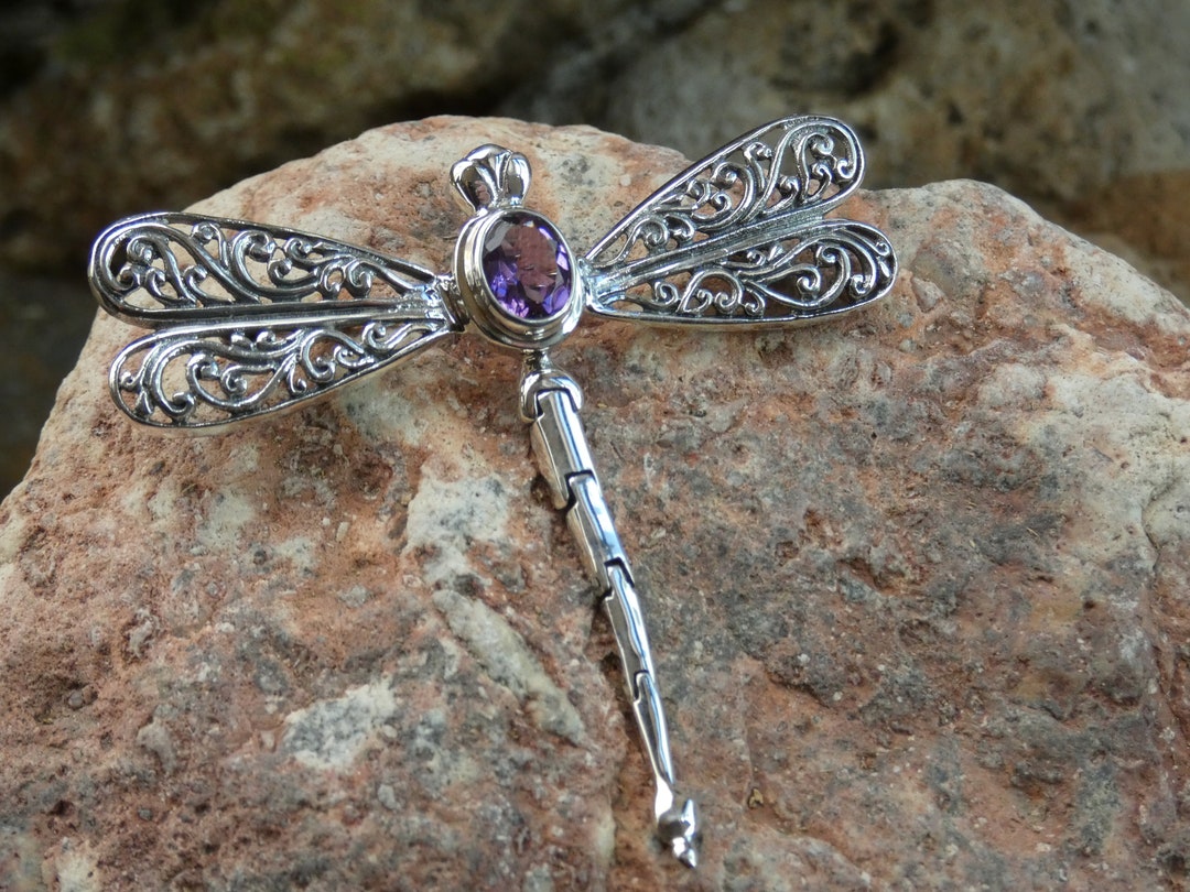 Dragonfly With Beautiful Filigree Wings Amethyst Gemstone Sterling ...
