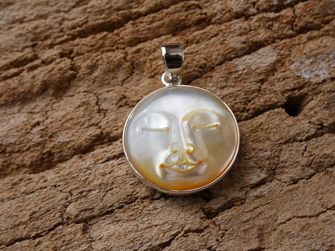 Beautiful Moon Face Full Moon Carved Mother of Pearl Sterling Silver ...