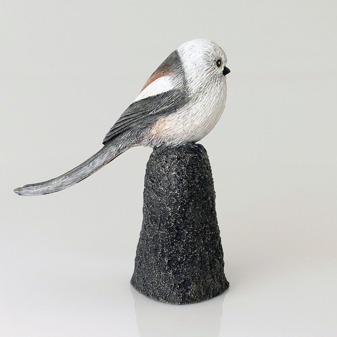 Long Tailed Tit Bird Statue Hand Cast Resin Figurine Bushtit Silver ...