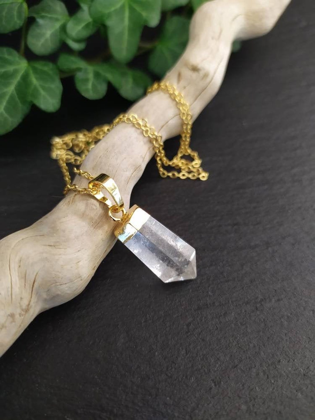 Rock Crystal Pendant Necklace on 14k Gold Plated Chain - Pure Vision ...