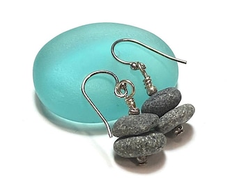 Hand Drilled / Beach Pebble Earrings / Beach Stone Jewelry / Sterling ...
