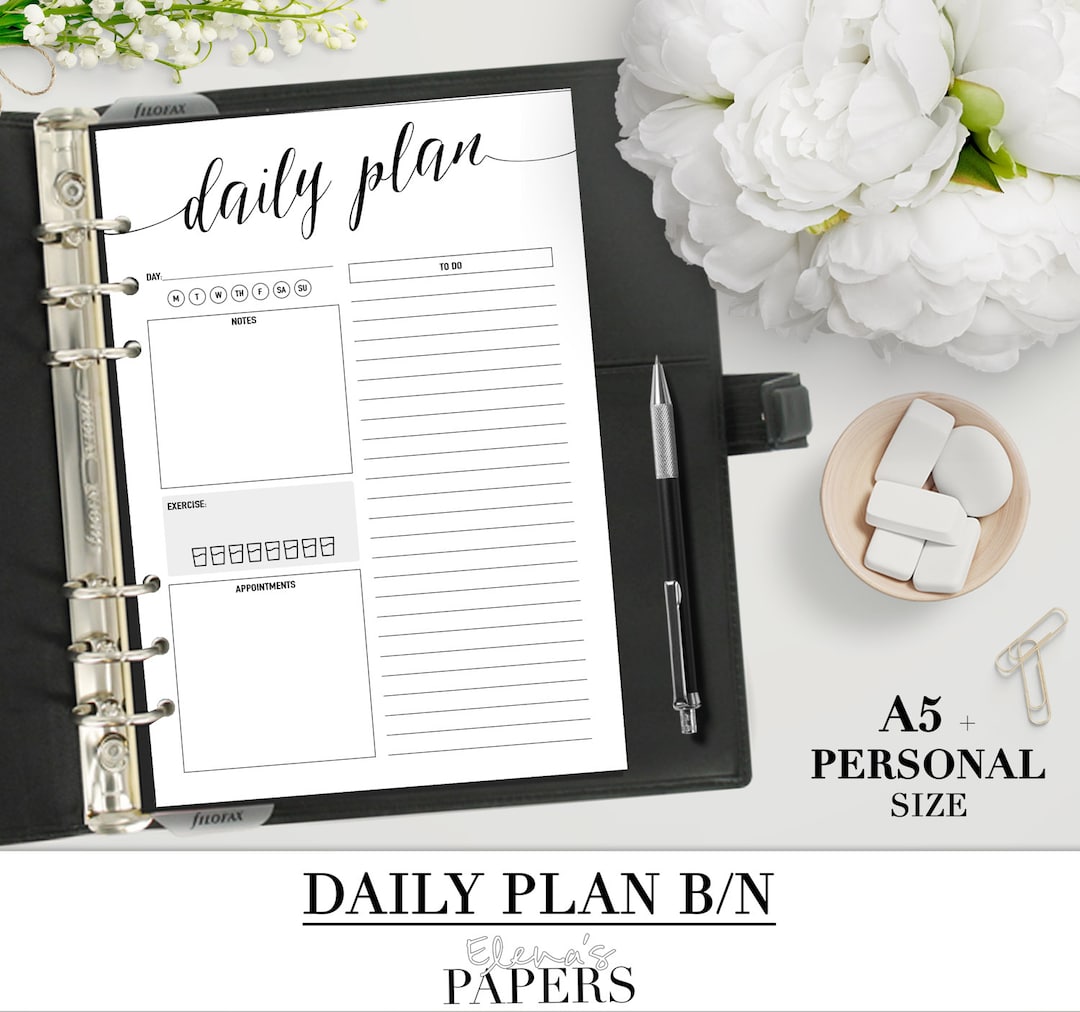 Printable DAILY PLAN Insert for Your Personal, A5 and Pocket Planner_black-white_day Planner ...