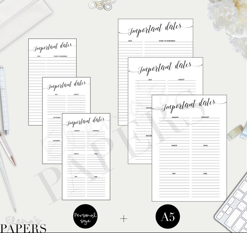 Printable IMPORTANT DATES Insert for Your Personal and A5 Planner ...