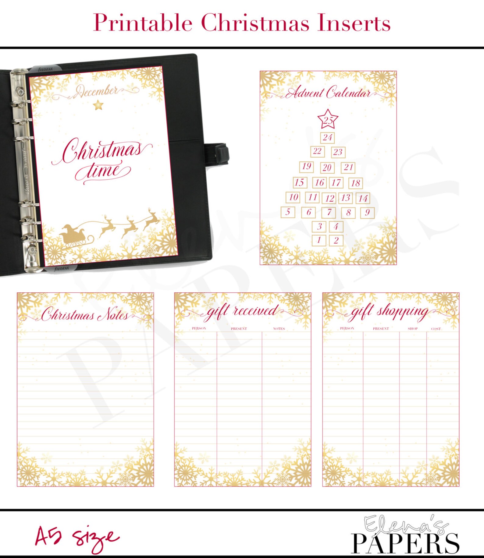 Printable A5 GOLD CHRISTMAS Inserts for Your A5 and Franklin - Etsy