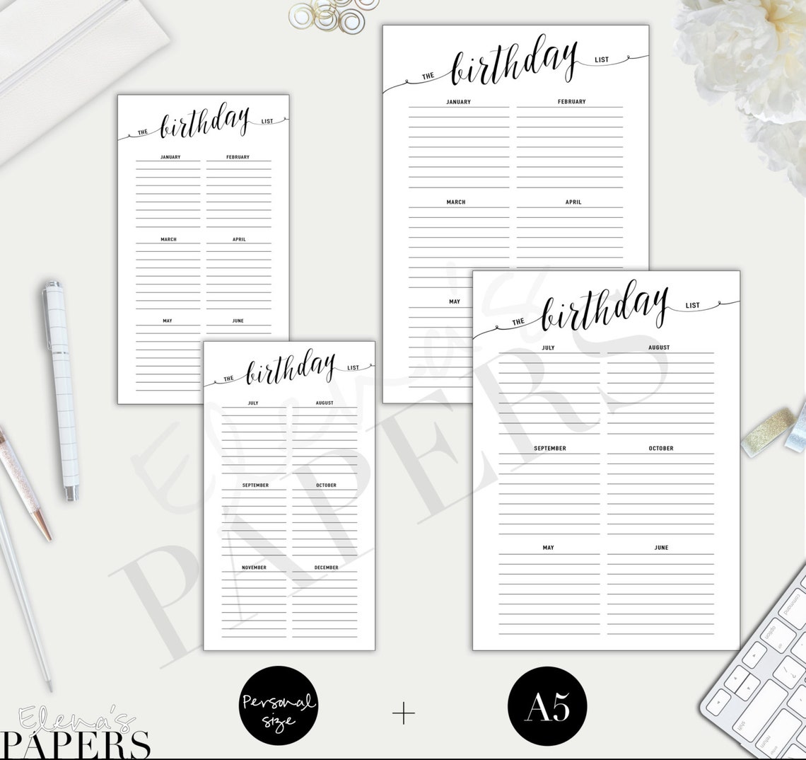 Printable BIRTHDAY LIST Insert for Your Personal A5 and | Etsy