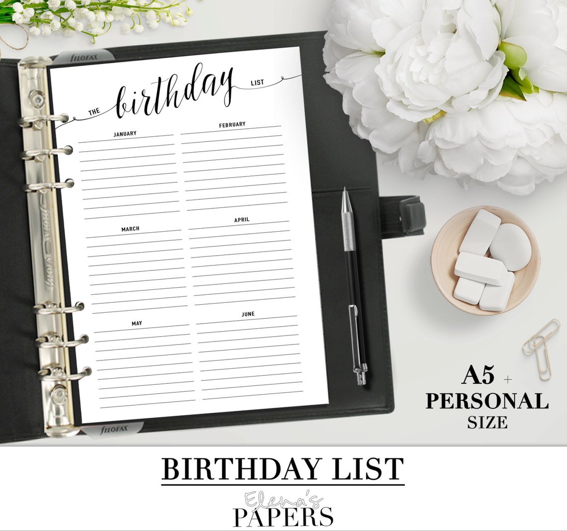 Printable BIRTHDAY LIST Insert for Your Personal A5 and | Etsy