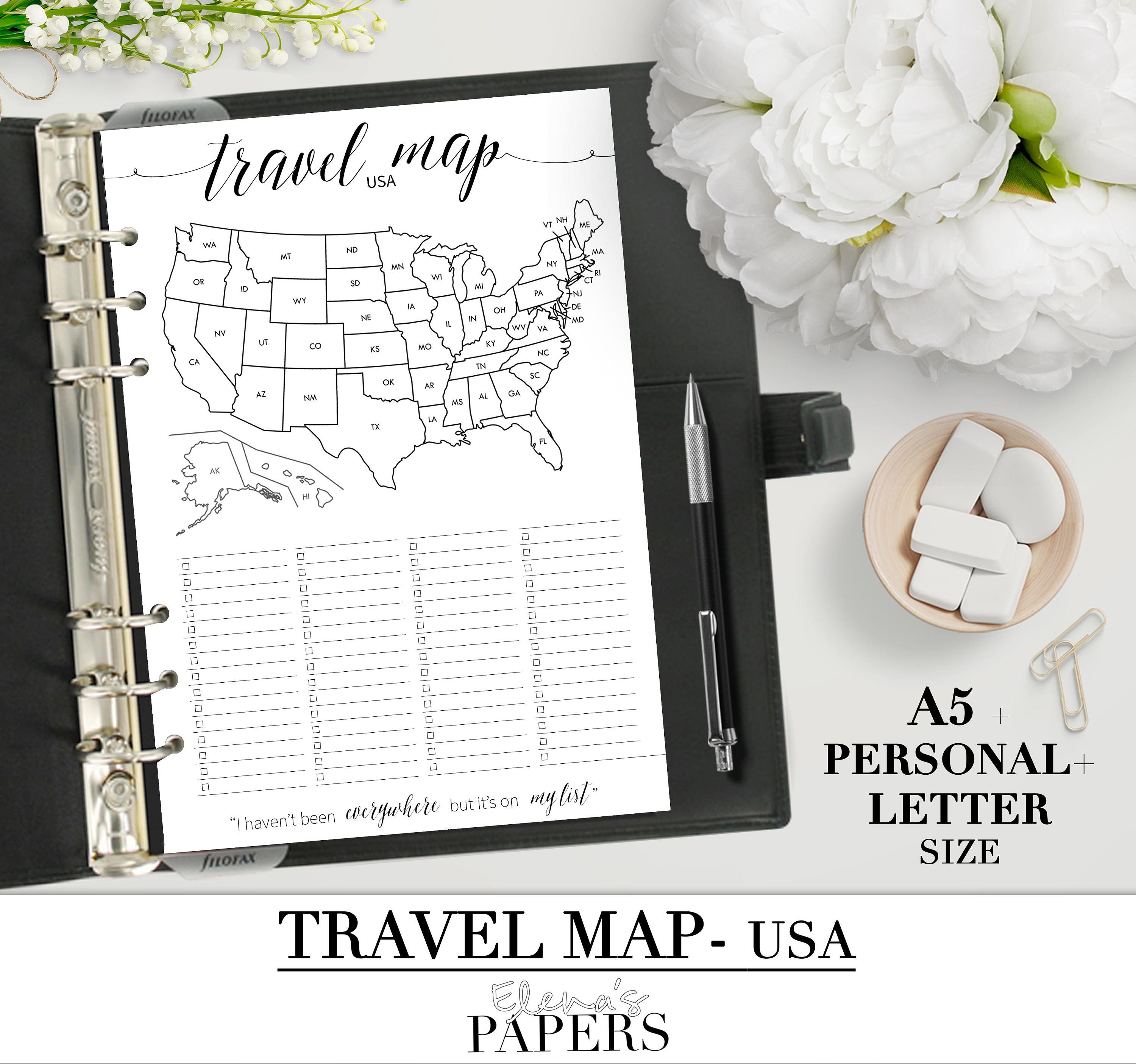 Printable TRAVEL USA MAP Insert for Your Pocket Personal A5 | Etsy