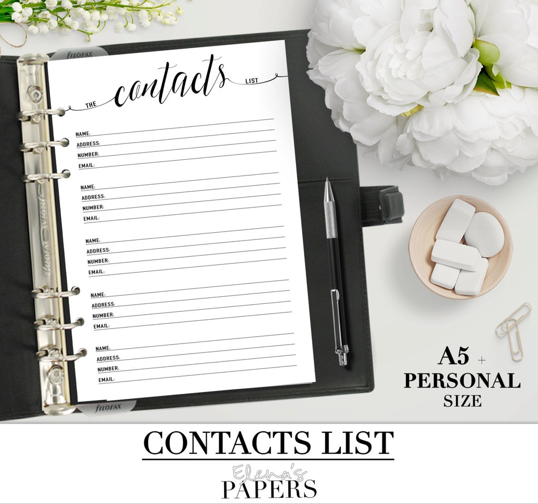 Printable CONTACTS LIST Insert for Your Personal, A5 and Letter Size ...