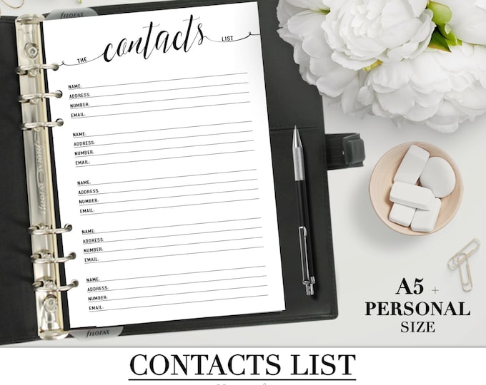 Printable CONTACTS LIST Insert for Your Personal, A5 and Letter Size ...