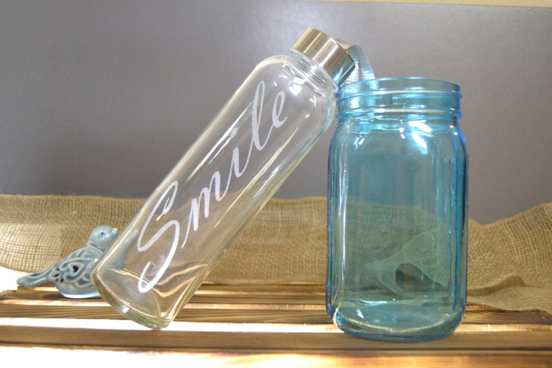 Etched Glass Water Bottle With Smile Design - Etsy