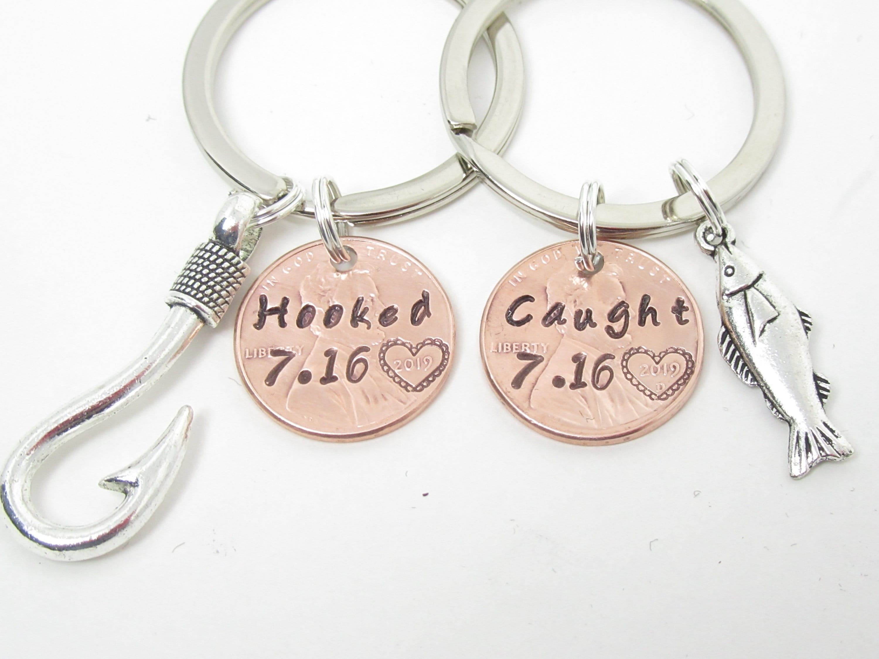 Personalized Hooked and Caught Penny Keychain Engagement - Etsy