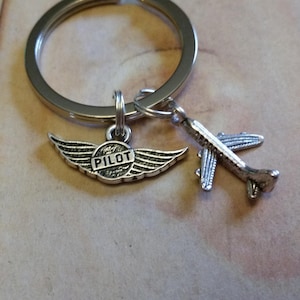 Pilot Key Chain, Gift for Pilot, Silver Airplane and Pilot Wings Charms ...