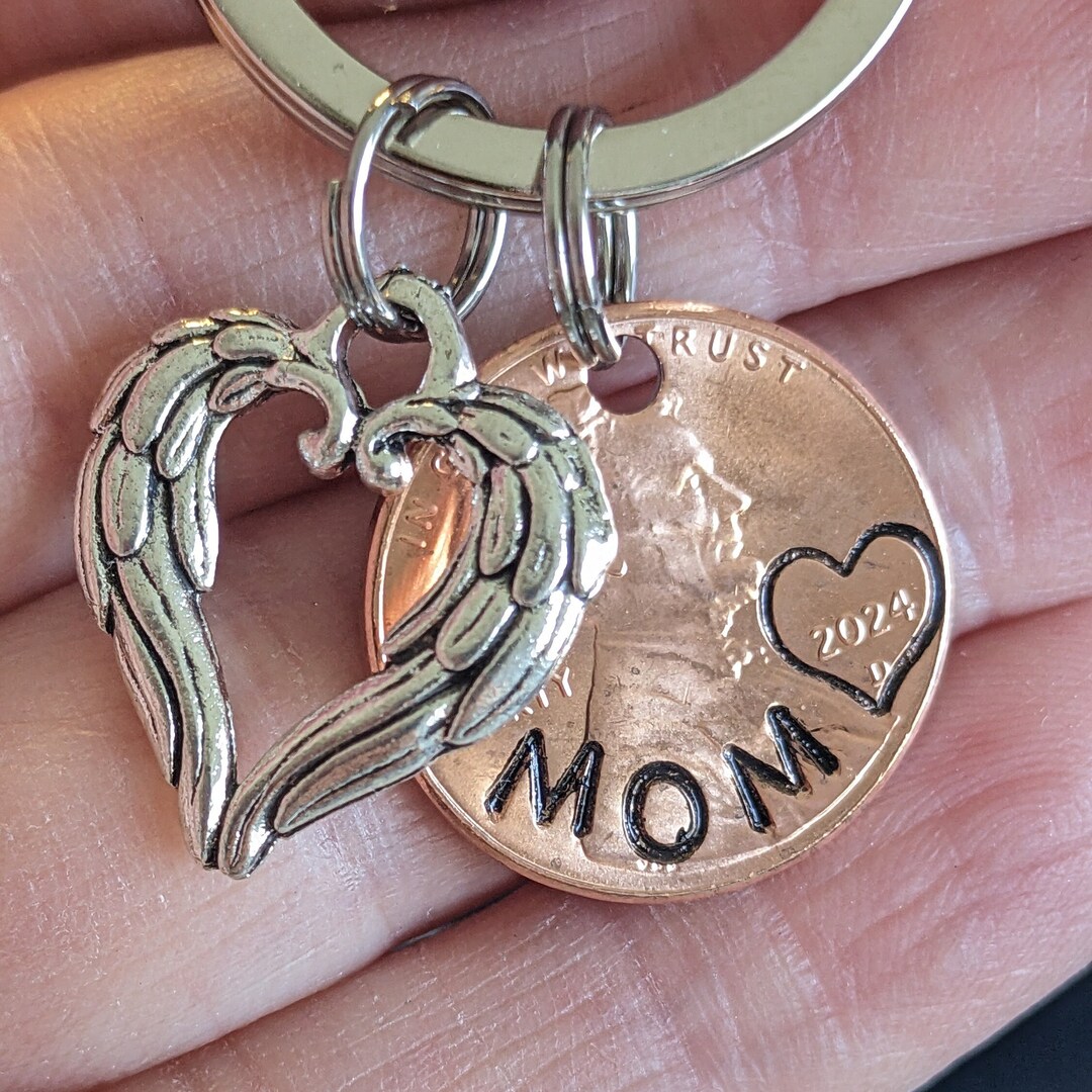 Personalized Lucky Penny Hand Stamped Keychain With Angel Wings ...