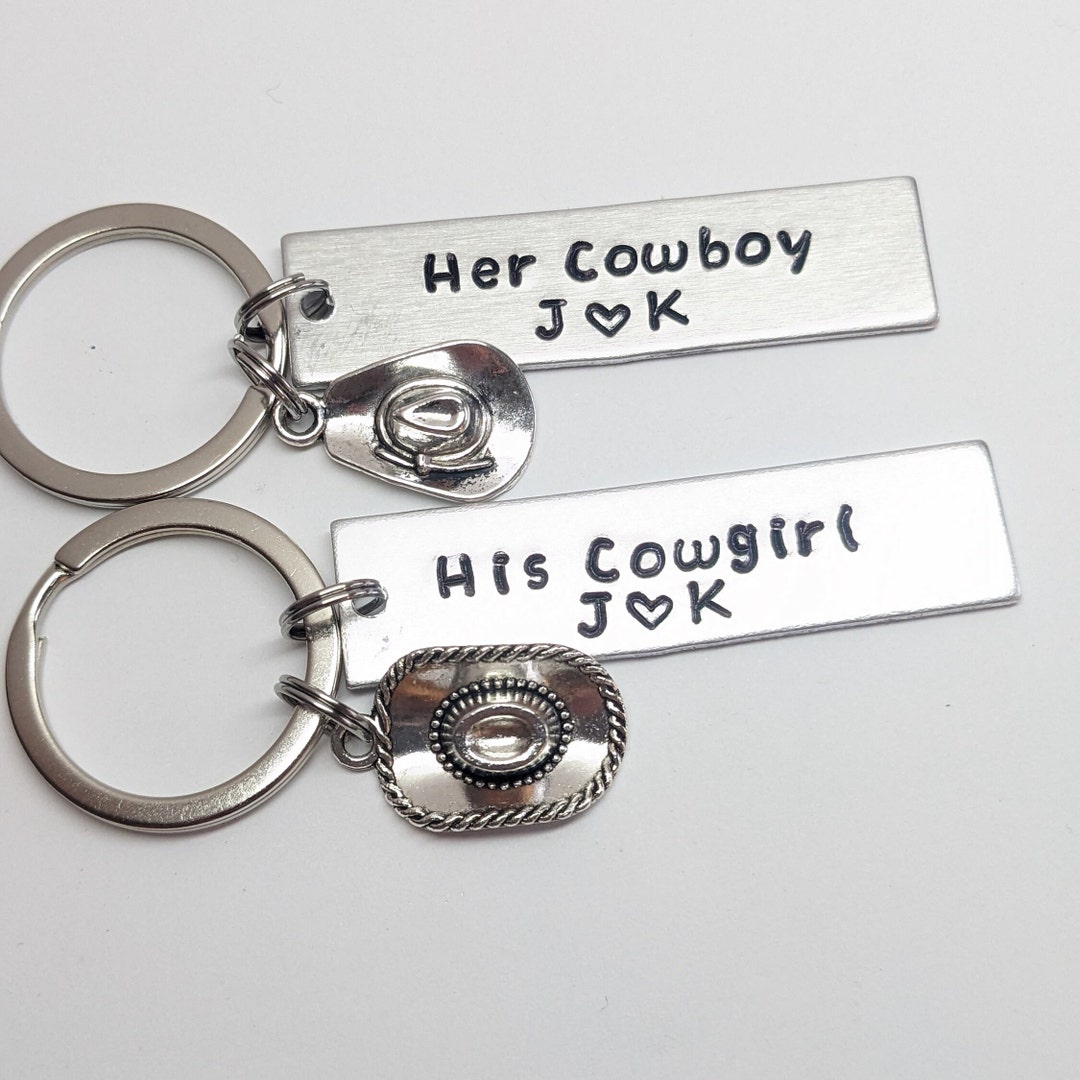 Custom Hand Stamped His Cowgirl/her Cowboy Keychain Set - Personalized ...
