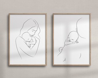 Mother Holding a Baby Print Printable Nursery Line Art - Etsy