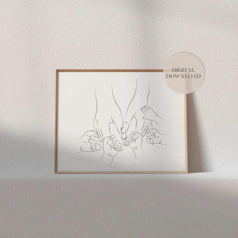 Printable Family of Seven Hands Line Art Five Kids Holding Parents ...