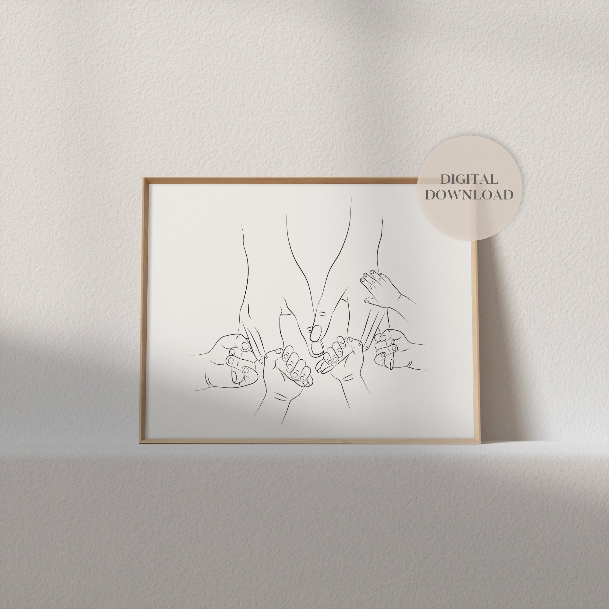 Printable Family of Seven Hands Line Art Five Kids Holding Parents ...
