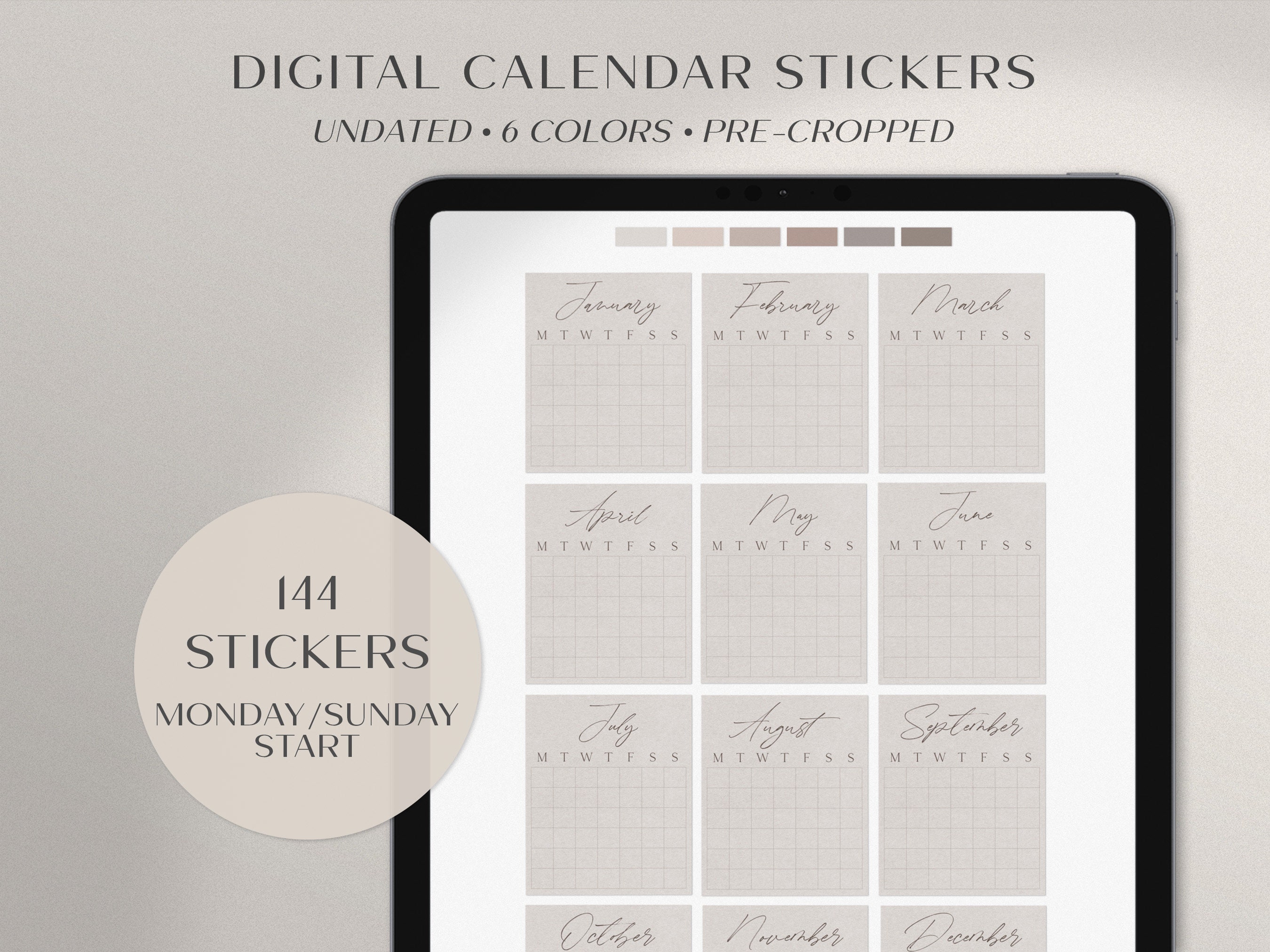 Digital Monthly Calendar Stickers for Goodnotes in Neutral Colors ...