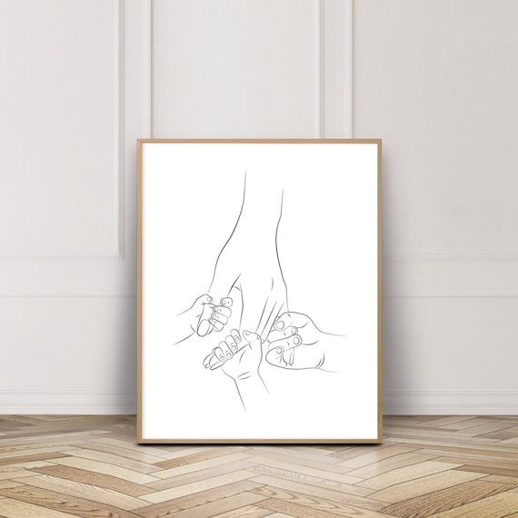 Three Kids Holding Mother's Hand Line Art Printable Wall - Etsy