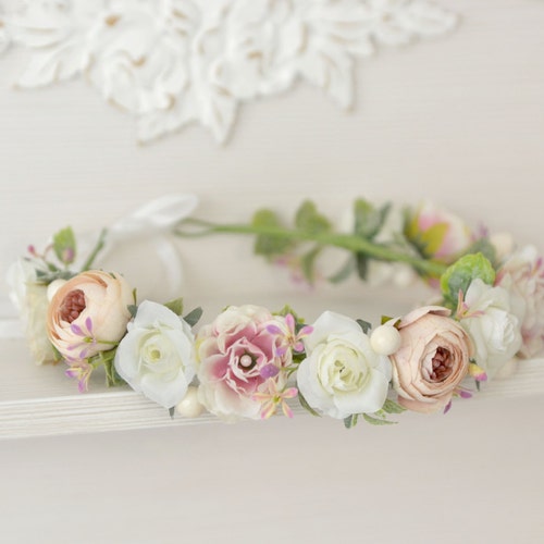 White Cream Wedding Flower Crown White Roses Hair Wreath | Etsy