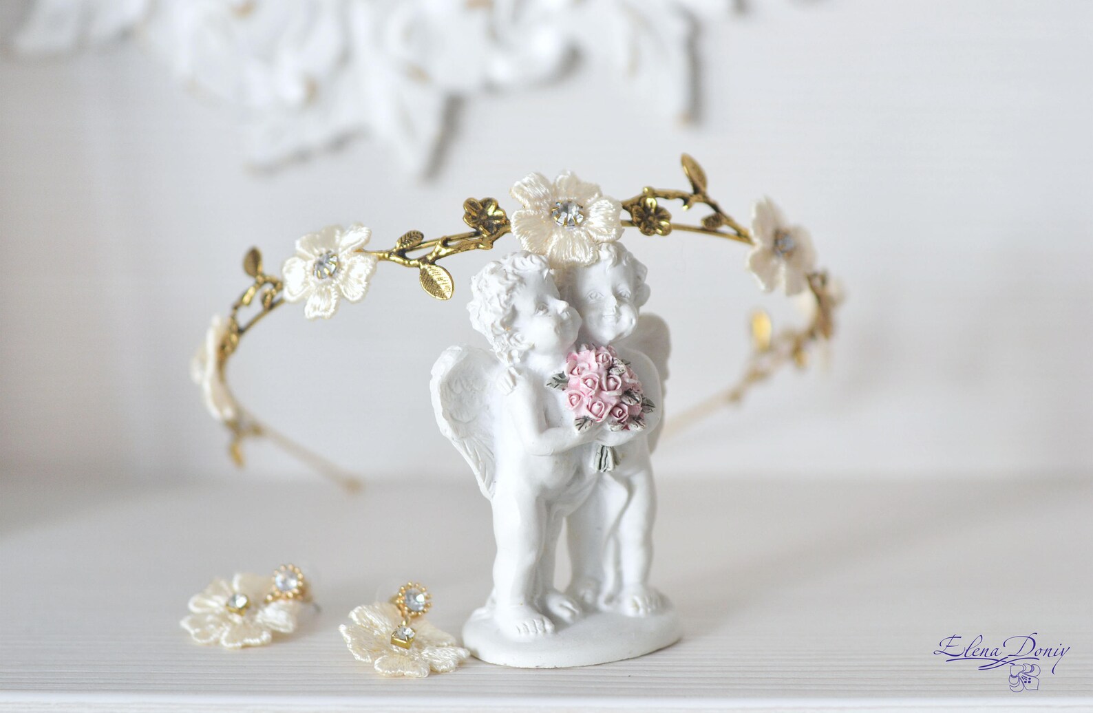 Lace Ivory Crown Bridal Jewelry Set Romantic Wedding Lace Ivory Flowers ...