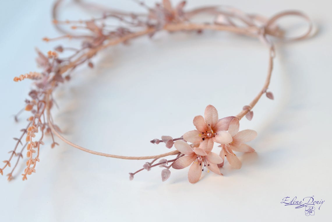 Rustic Crown Bridal Beige Floral Crown Branches Head Piece Elven ...