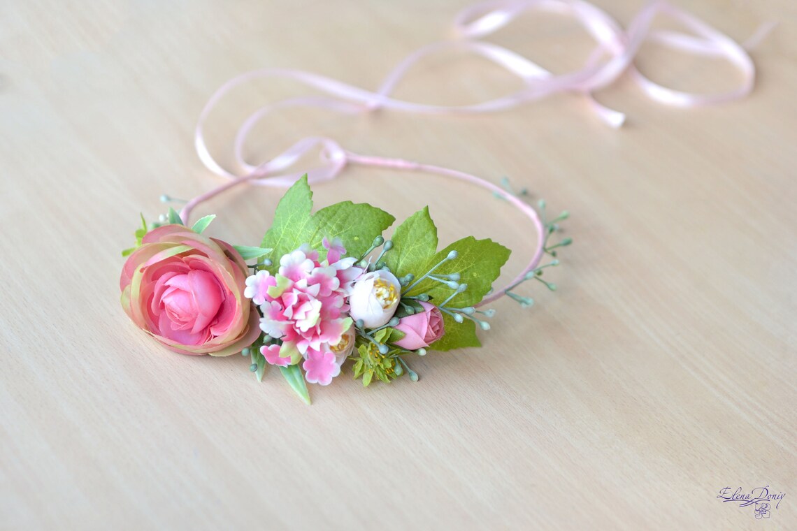 Pink Flower Crown Wedding Headband Ranunculus Head Wreath | Etsy