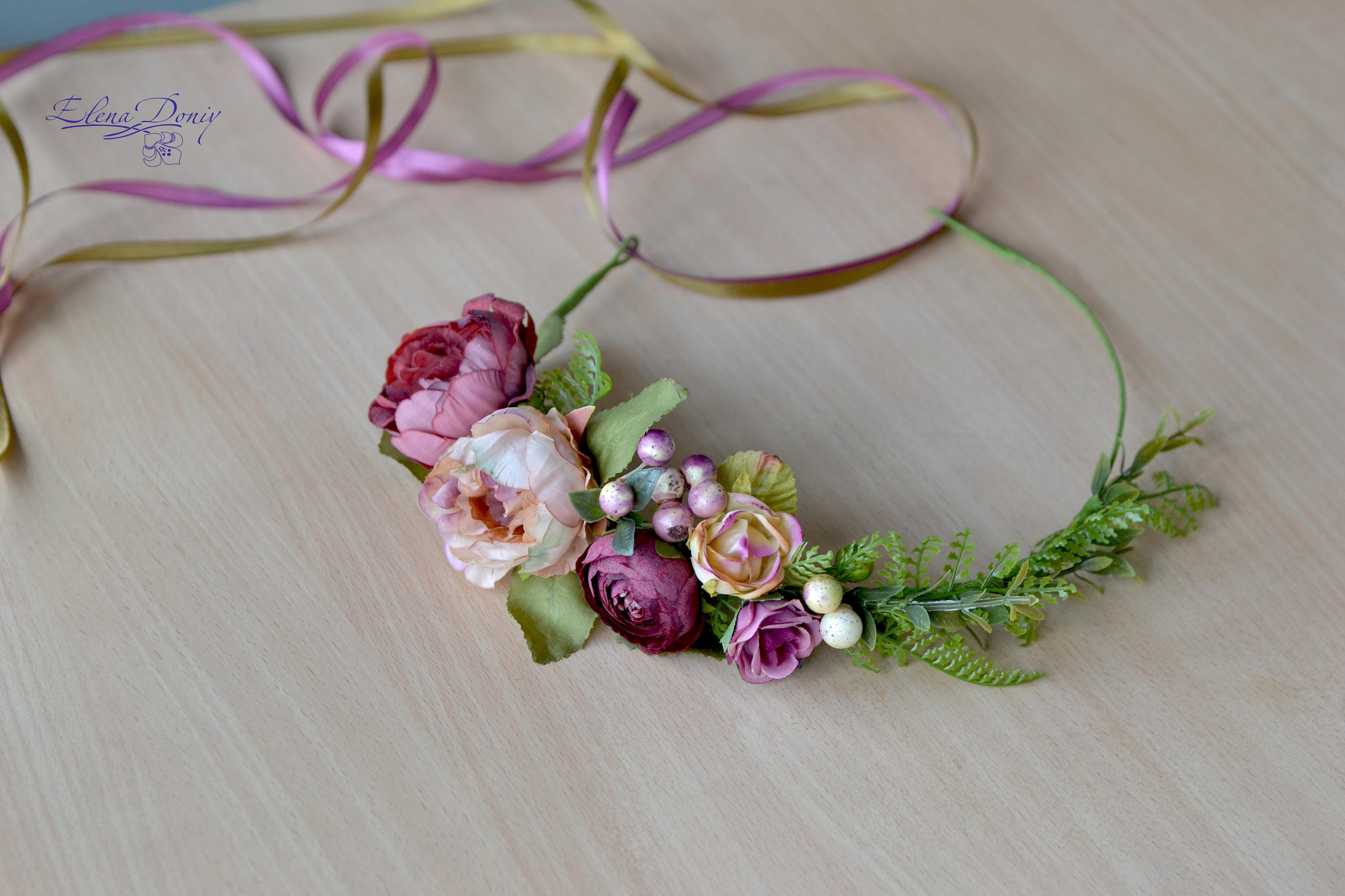 Burgundy Beige Crown Flower Greenery Burgundy Crown Woodland | Etsy